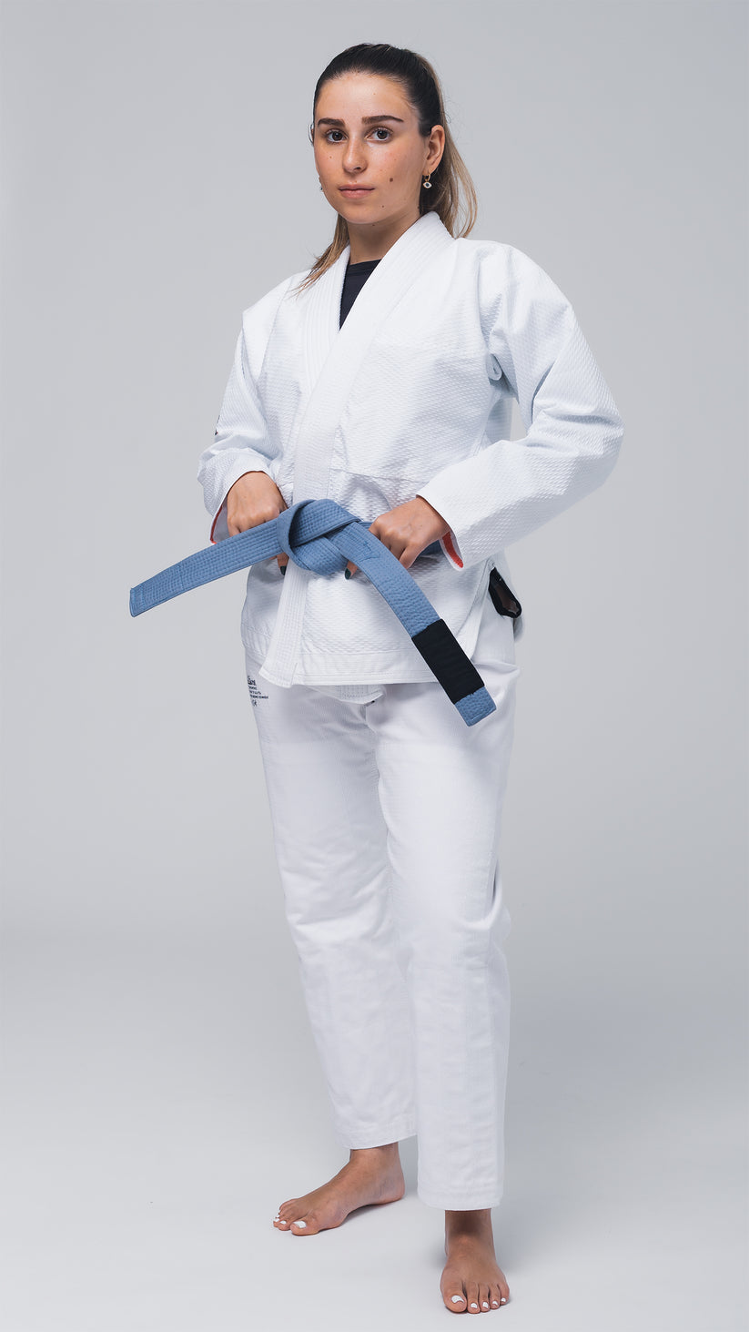 "Cursive Lite" Women's BJJ Gi - White/Coral – kitsunebjj